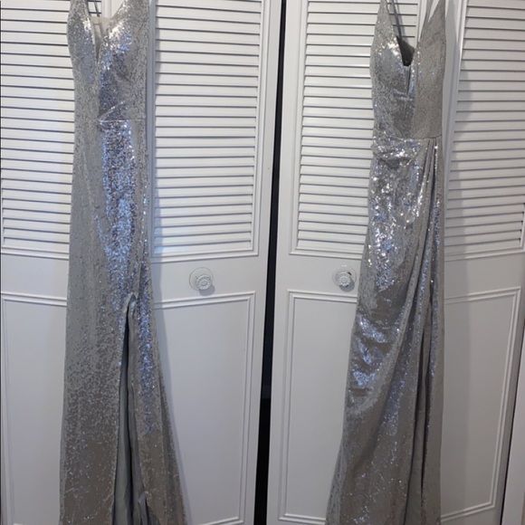 Dresses | Long Silver Sequin Bridesmaid Dresses With Split Thigh | Poshmark